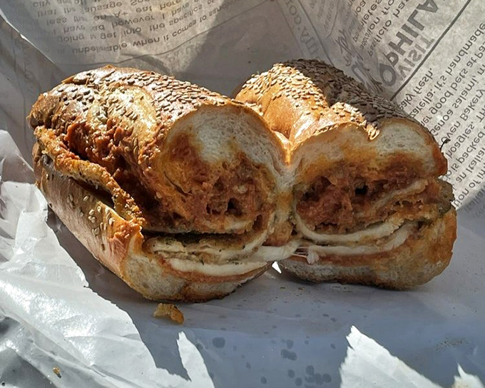 A meatball sandwich that demands respect. Those pickles aren't just garnish; they're the acid jazz solo in this meaty symphony.