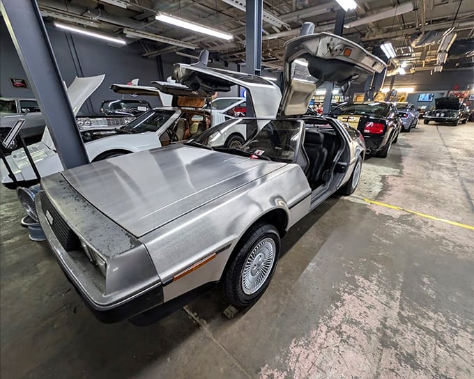 Great Scott! The DeLorean's gull-wing doors reach for the heavens like a stainless steel prayer, making every '80s kid's heart beat at 1.21 gigawatts.
