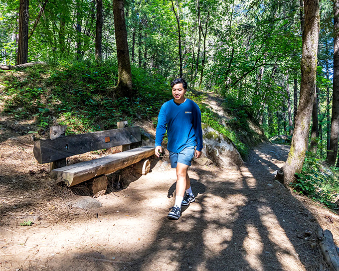 Dappled sunlight creates nature's spotlight on Deer Creek Trail, where hikers find tranquility just steps away from the bustling historic downtown.