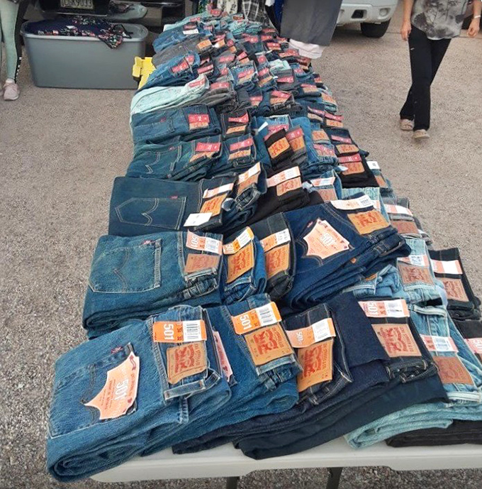 Denim democracy in action. These jeans, lined up like soldiers, represent the great American tradition of looking good for less.