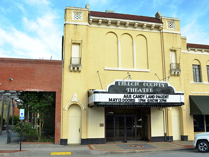 The Dillon County Theatre's marquee promises entertainment in vintage style. This art deco gem has been bringing stories to life for generations.