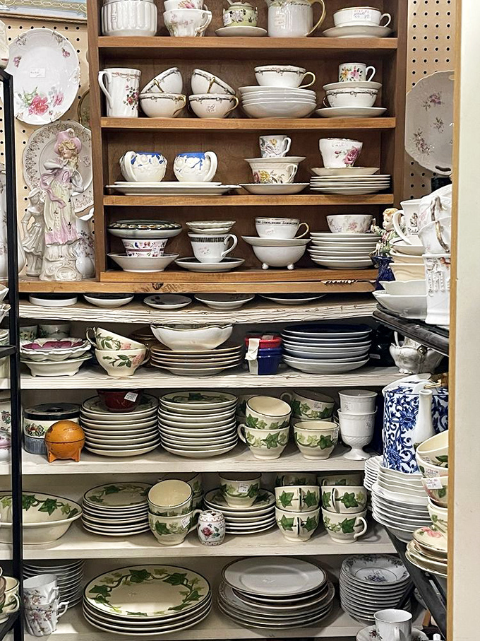 Grandma's china cabinet comes to life with patterns that defined generations of Sunday dinners. Each teacup tells a story of gatherings past.
