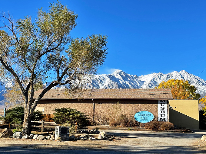 The Eastern California Museum stands sentinel against the mountains, preserving stories as towering as the peaks behind it.