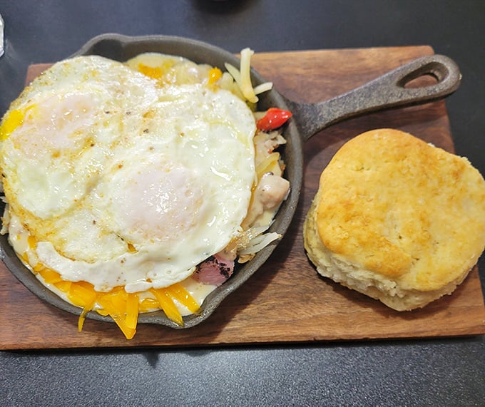 Breakfast served in a cast iron skillet&mdash;because when eggs, cheese and potatoes meet hot iron, magic happens and diets are forgotten.