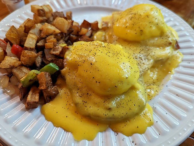 Eggs Benedict so perfectly executed, the hollandaise cascades like a buttery yellow waterfall that would make Yosemite jealous.