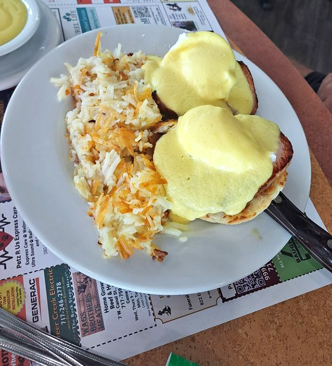 Eggs Benedict done right&mdash;a hollandaise so sunny it could brighten even the gloomiest Monday morning. The hash browns provide the perfect supporting role.