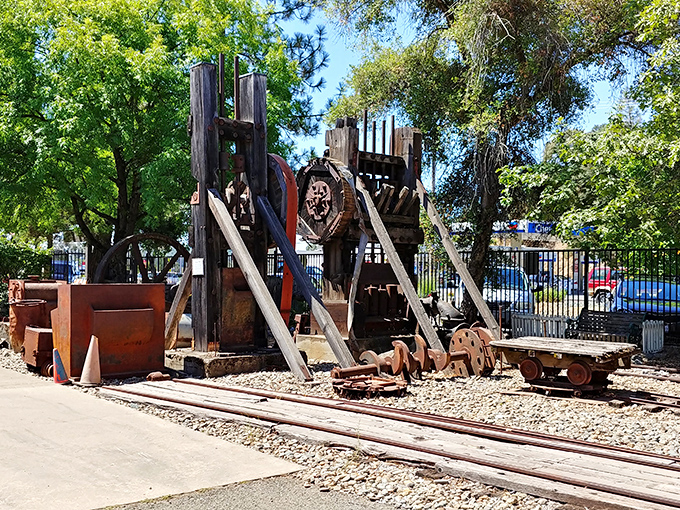 This mining equipment display celebrates Placerville's Gold Rush roots, reminding visitors that this affordable mountain town was built on dreams of striking it rich.