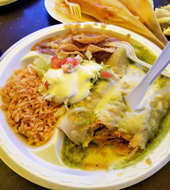 Green enchiladas swimming in salsa verde that tastes like sunshine captured in a ceramic bowl.