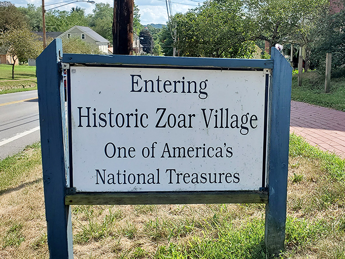 7. entrance tThis sign doesn't just mark an entrance—it's a portal to another century, no DeLorean required, though you might want to bring more comfortable shoes than they had back then.o historic zoar village