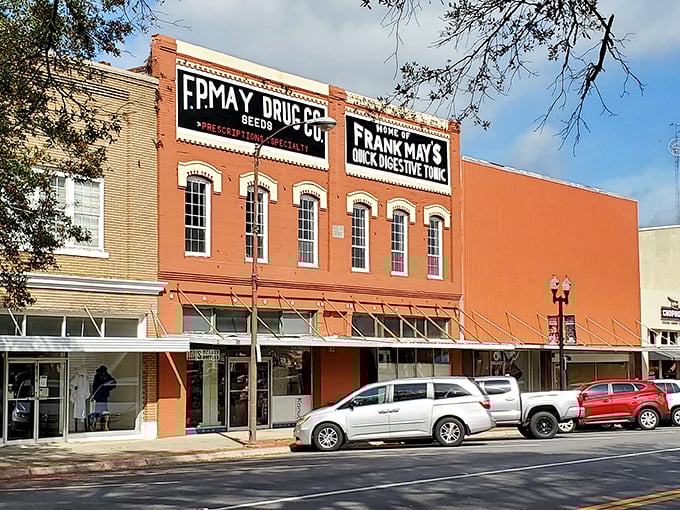 F.P. May Drug Company's vintage signage transports you to an era when pharmacists knew your name and "quick digestive tonic" was a thing.
