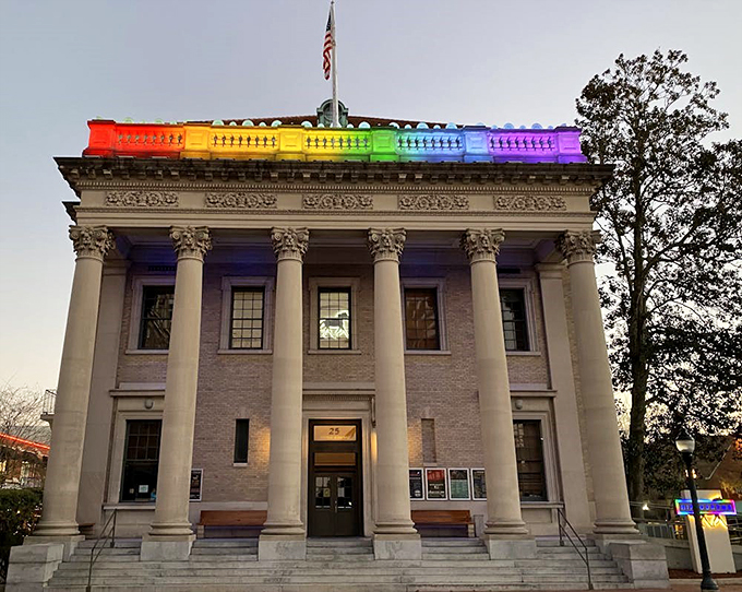This stately building with rainbow lighting proves small towns can be both historically significant and fabulously inclusive at the same time.