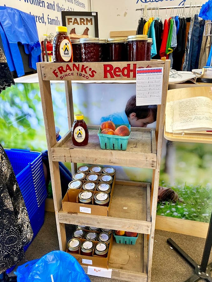 Frank's Red Hot meets local honey in this rustic farm stand display. Proof that thrifting sometimes satisfies appetites beyond just shopping.