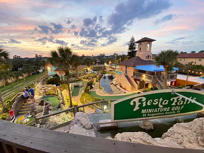 At Fiesta Falls Miniature Golf, palm trees frame the sunset while families battle it out over that impossible 12th hole water hazard. Vacation competitiveness at its finest.