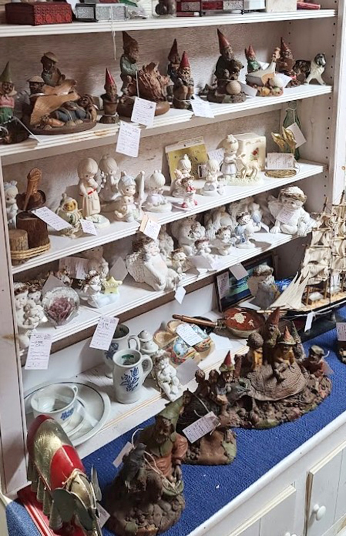 An army of garden gnomes and porcelain figurines stands at attention, ready to bring whimsy and conversation to someone's curio cabinet or garden path.