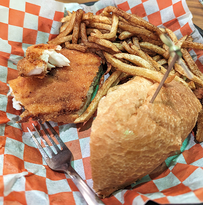A fish sandwich that proves landlocked doesn't mean flavor-locked &ndash; crispy perfection between two buns.