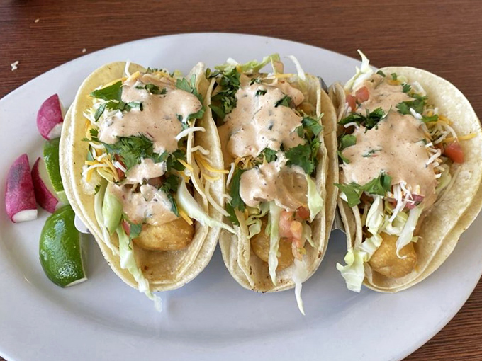Three fish tacos lined up like backup singers ready to perform a flavor symphony in your mouth.