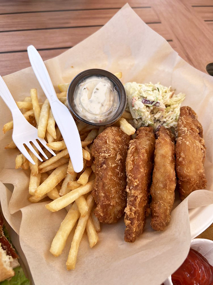 Golden-battered fish and chips that would make the British jealous, served with a side of coleslaw that actually deserves to be eaten, not pushed aside.