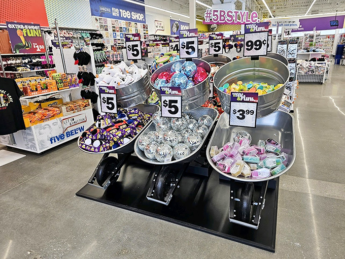 Five Below's treasure trove of colorful trinkets proves that joy can indeed come in $5 increments, arranged in galvanized tubs like a county fair for bargain hunters.