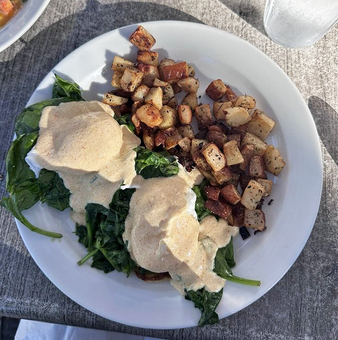 Eggs Florentine with hollandaise that's achieved the perfect consistency &ndash; not too thick, not too runny &ndash; Goldilocks would approve of this breakfast masterpiece.