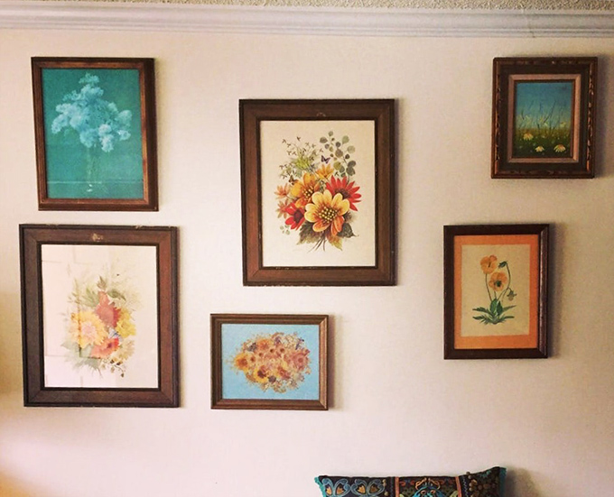 These framed floral prints might have once adorned a grandmother's hallway, now waiting for ironic appreciation or genuine admiration in a new home.