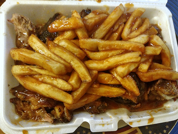 French fries doing their noble duty: soaking up that liquid gold barbecue sauce like edible sponges sent from heaven.