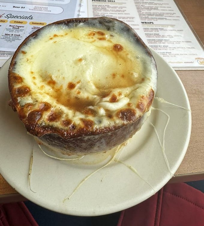 Cheese stretching to infinity! This French onion soup's bronzed, bubbling canopy of cheese is the comfort food equivalent of a warm hug on a cold day.