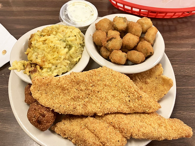 Fried catfish and mac & cheese—a combination so perfectly executed it makes you wonder why fancy restaurants even bother with complicated food.