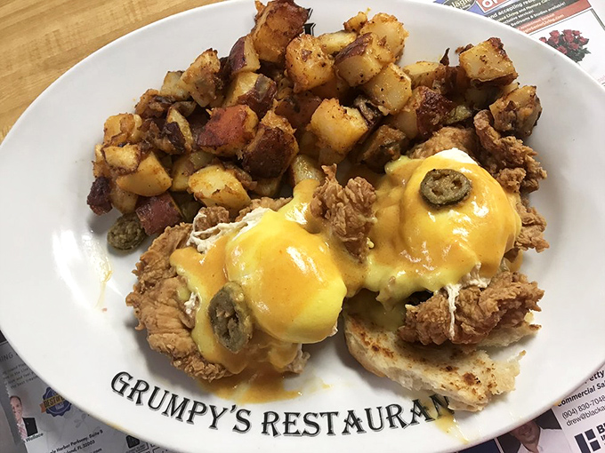 Fried chicken benedict&mdash;where Southern charm meets brunch sophistication. Those jalape&ntilde;os aren't just for decoration, folks.