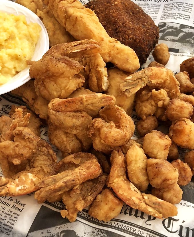 Golden-fried shrimp piled high on newspaper&mdash;the way seafood was meant to be enjoyed. No pretension, just perfection.
