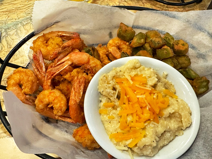 Fried shrimp so perfectly golden they deserve their own trophy. Paired with cheese grits and okra, it's the Lowcountry on a plate.