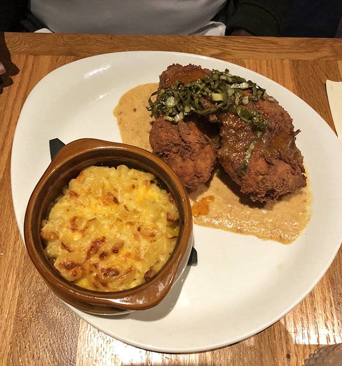 Crispy fried chicken alongside mac and cheese that's sporting a golden top like it just got back from a Florida vacation.