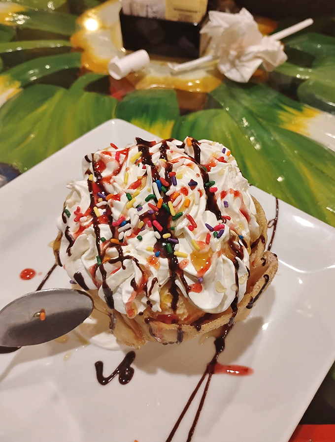This fried ice cream is dressed for its own fiesta, complete with whipped cream mountains, chocolate drizzle rivers, and a confetti of sprinkles.