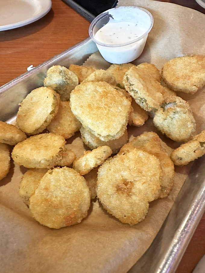 Golden-fried pickle chips with ranch dressing &ndash; the perfect tangy counterpoint to rich barbecue. Resistance is futile.