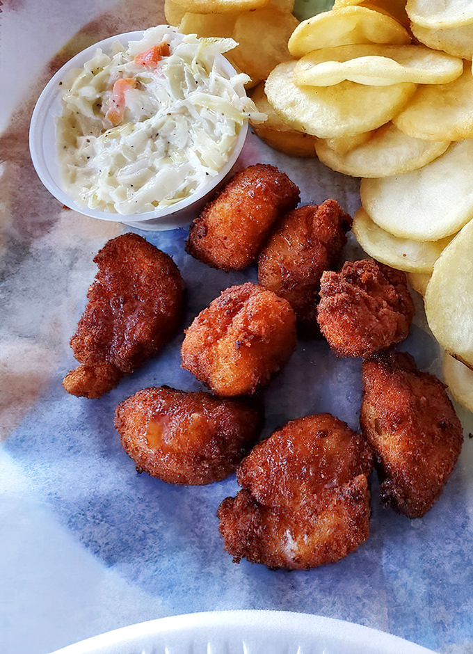 Fried scallops and chips&mdash;where crispy exteriors give way to sweet, tender centers. The kind of plate that makes conversation stop mid-sentence.