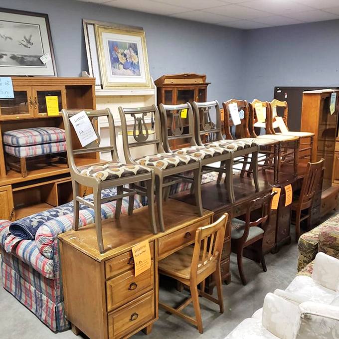 Furniture row&mdash;where mid-century meets country cottage meets "that's so ugly it's actually perfect for my guest room" in harmonious discord.