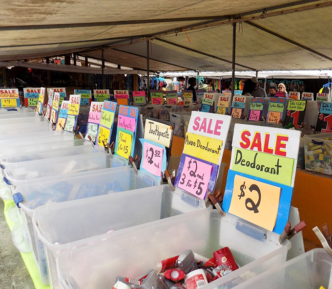 Bargain hunters' nirvana with handwritten signs promising deals that would make your wallet do a happy dance. Three for $5? Don't mind if I do!
