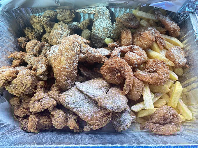 The mixed platter looks like a fried food family reunion where everyone actually gets along and tastes amazing.