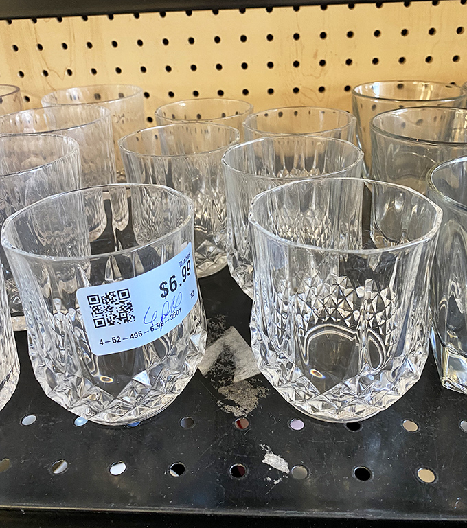 Crystal clarity! These cut-glass tumblers await your favorite bourbon—proving that secondhand glassware brings first-class sophistication to evening cocktails.