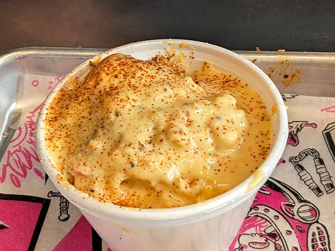 Mac and cheese that doesn't just sit there looking pretty &ndash; it bubbles with molten goodness under a dusting of spices like a dairy volcano about to erupt. 