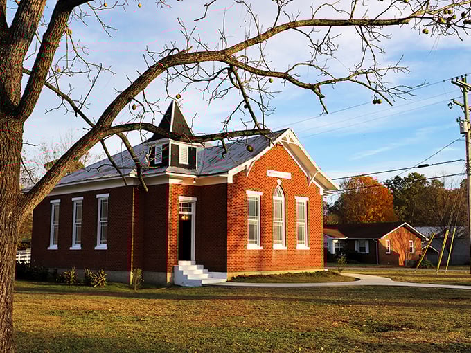 This brick church stands as a testament to craftsmanship and community &ndash; Sunday services with a side of architectural appreciation.