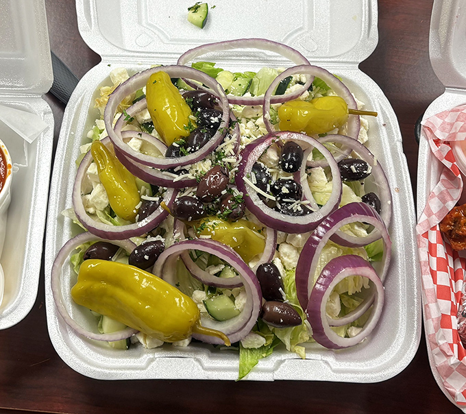 A Greek salad that brings Mediterranean sunshine to Ohio. Those purple onion rings aren't just ingredients&mdash;they're flavor hoops to jump through with joy.