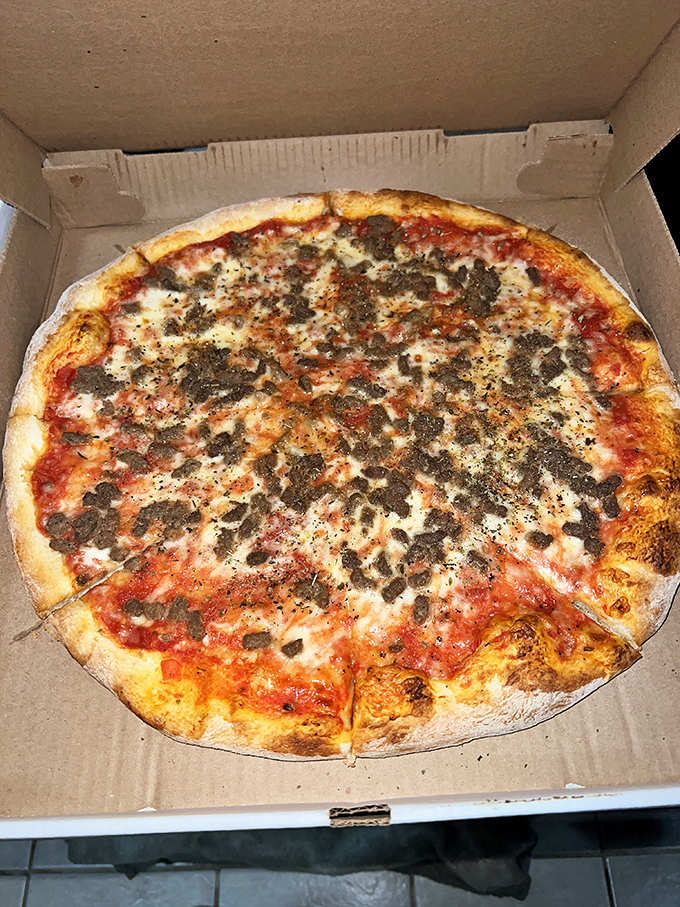 Sometimes simplicity wins the day—a classic ground beef pizza with that perfect ratio of sauce to cheese that keeps locals coming back decade after decade.