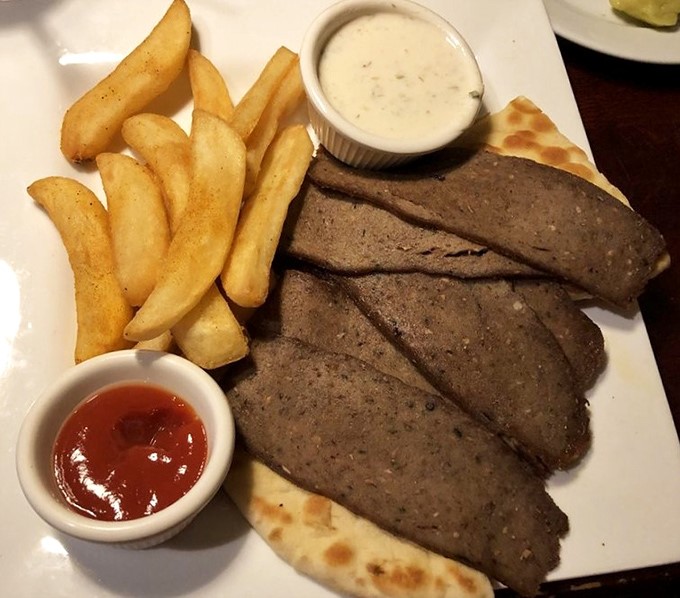 Gyro meat sliced thin, served alongside golden fries and tzatziki. A little Mediterranean vacation without the hassle of airport security.