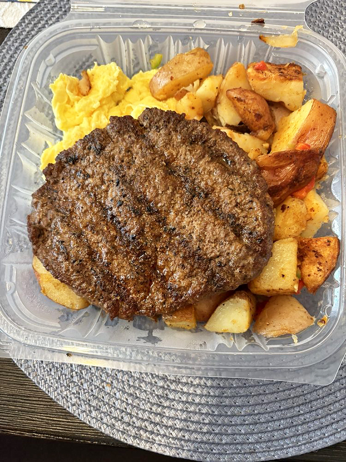 Breakfast to-go never looked so tempting – a hamburger steak with eggs and potatoes that transforms any car into a five-star dining room.