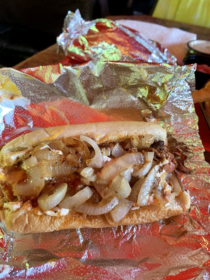 Onions piled high on this beauty make a compelling case that vegetables can indeed be comfort food. Hot dog philosophy at its finest.