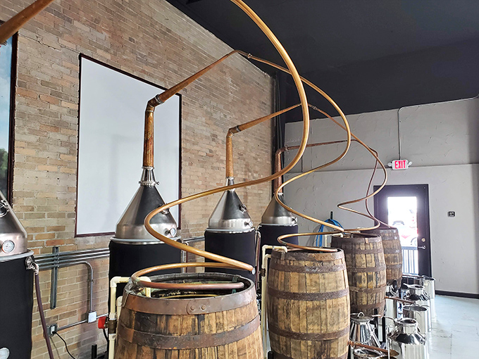Hocking Hills Moonshine distillery showcases Appalachian craftsmanship with copper stills and wooden barrels that transform local ingredients into liquid gold.