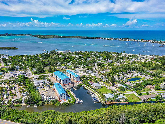 Blue roofs echo blue waters at this marina complex &ndash; Cortez's working waterfront seamlessly blends recreation with its fishing village heritage.