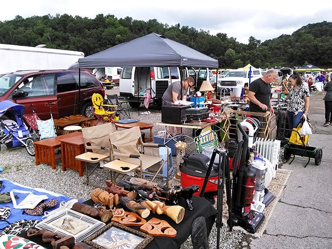 The furniture whisperer's domain, where vintage wooden tables and practical household items await their second act in someone's carefully curated home.