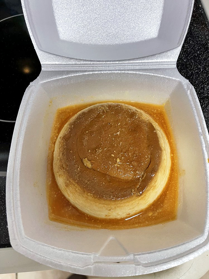 Flan that jiggles with confidence in its takeout container. This caramel-bathed custard doesn't need fancy plating to announce its silky perfection.