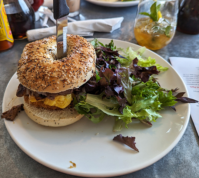 Breakfast rebellion on a bagel! This everything bagel sandwich proves morning meals don't have to play by the rules.